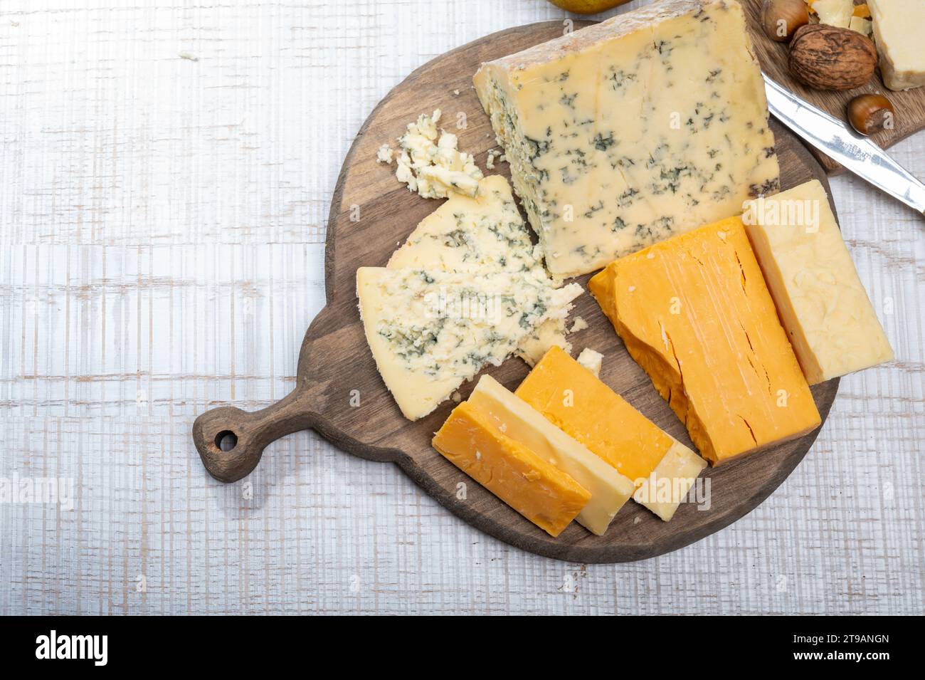 English cheeses collection, mature and coloured cheddar cheese and semi ...