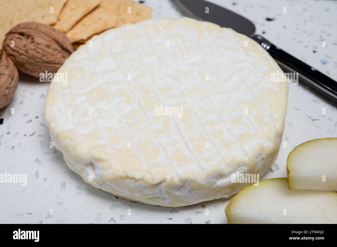 French soft Cremeux de Normandie cheese, soft creamy cheese with white ...