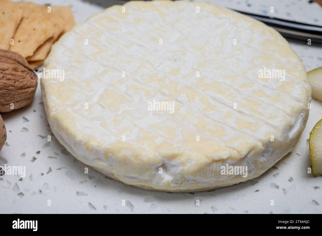 French soft Cremeux de Normandie cheese, soft creamy cheese with white ...
