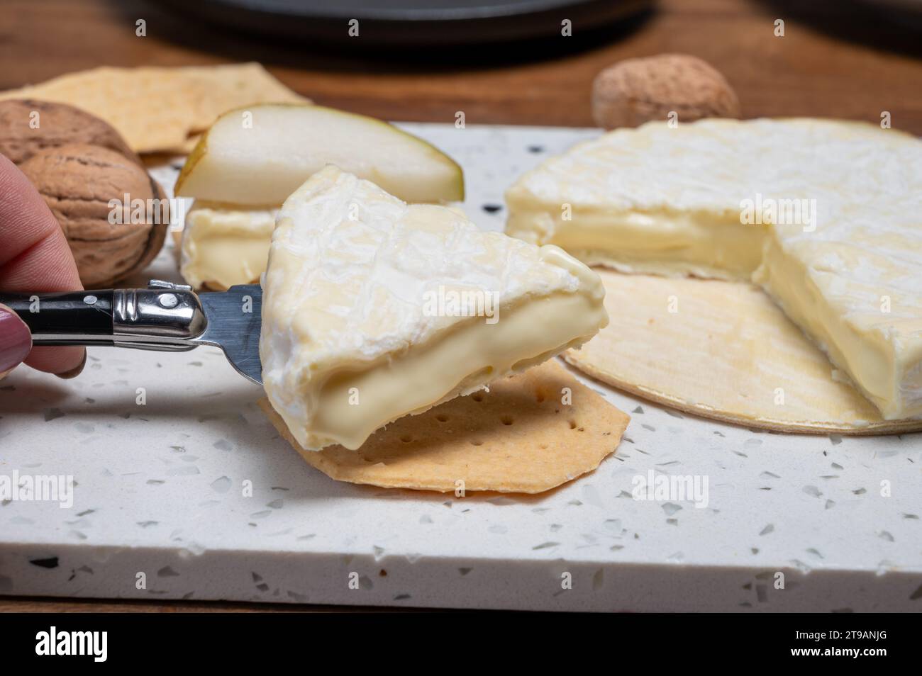 French soft Cremeux de Normandie cheese, soft creamy cheese with white ...