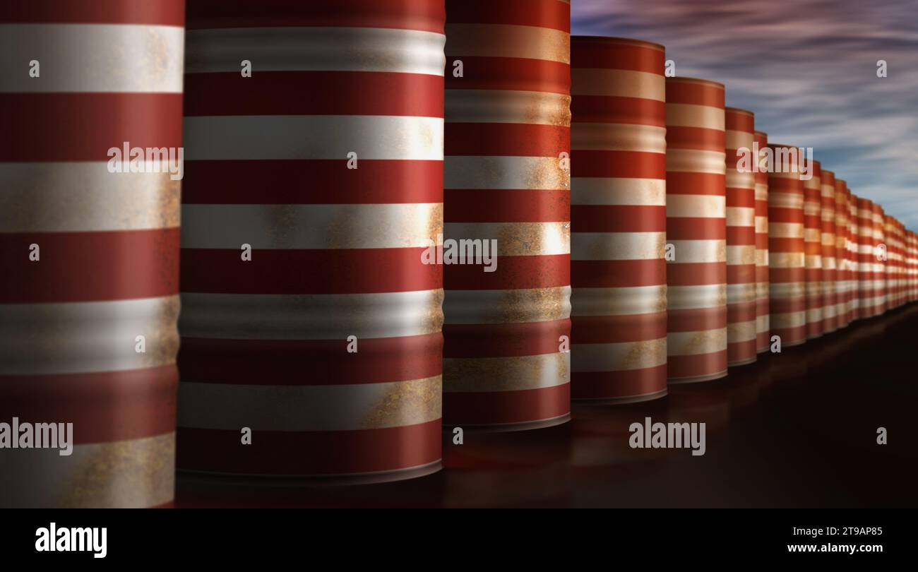 USA oil crude petroleum fuel barrels in row concept. American petrol ...