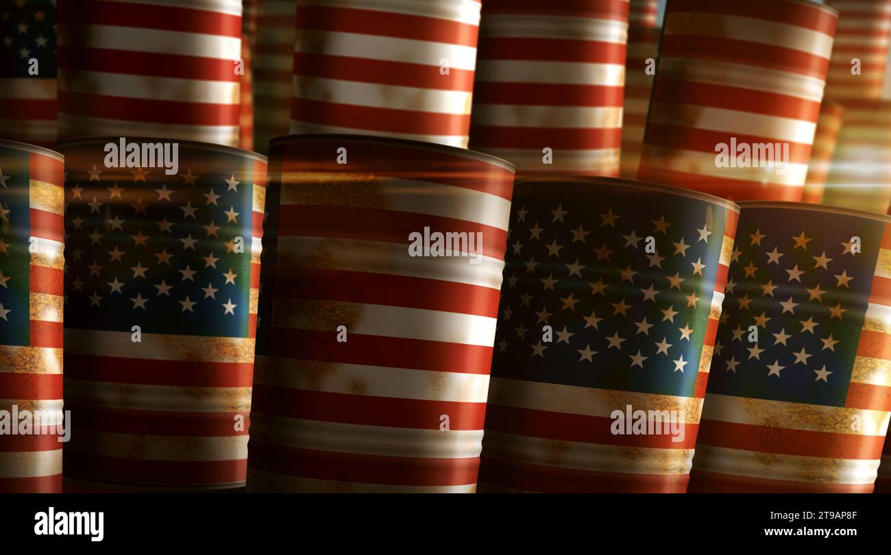 USA oil crude petroleum fuel barrels in row concept. American petrol ...