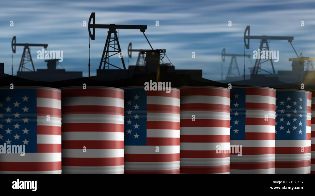 USA oil crude petroleum fuel barrels in row concept. American petrol ...