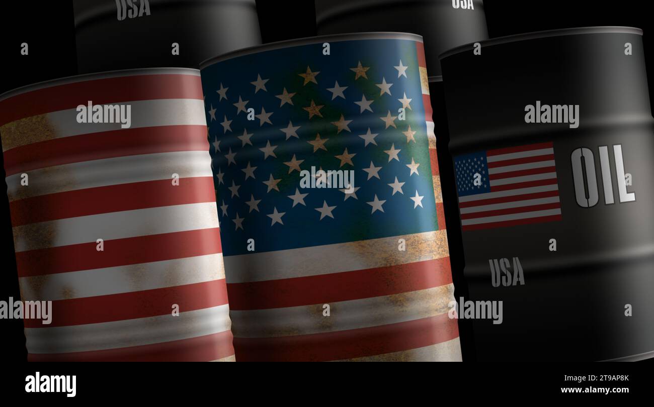 USA oil crude petroleum fuel barrels in row concept. American petrol ...