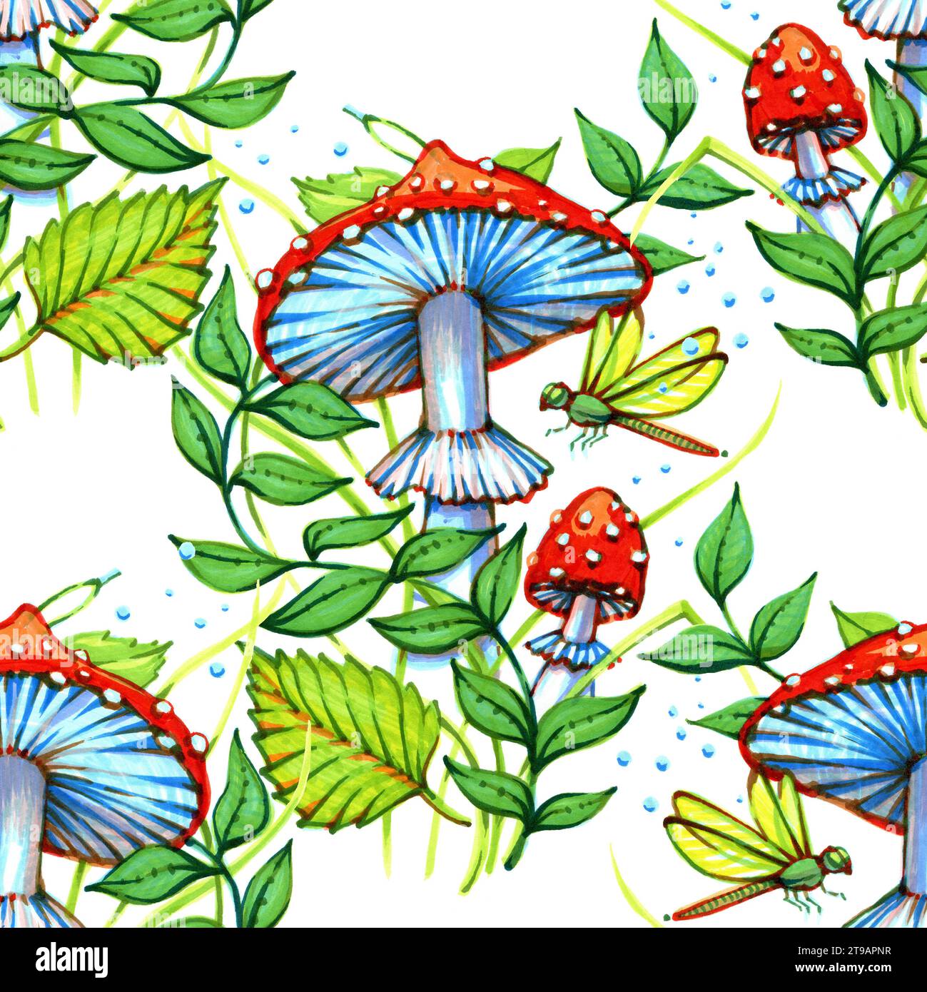 Seamless pattern with fairy tale forest fly agaric, forest plants ...