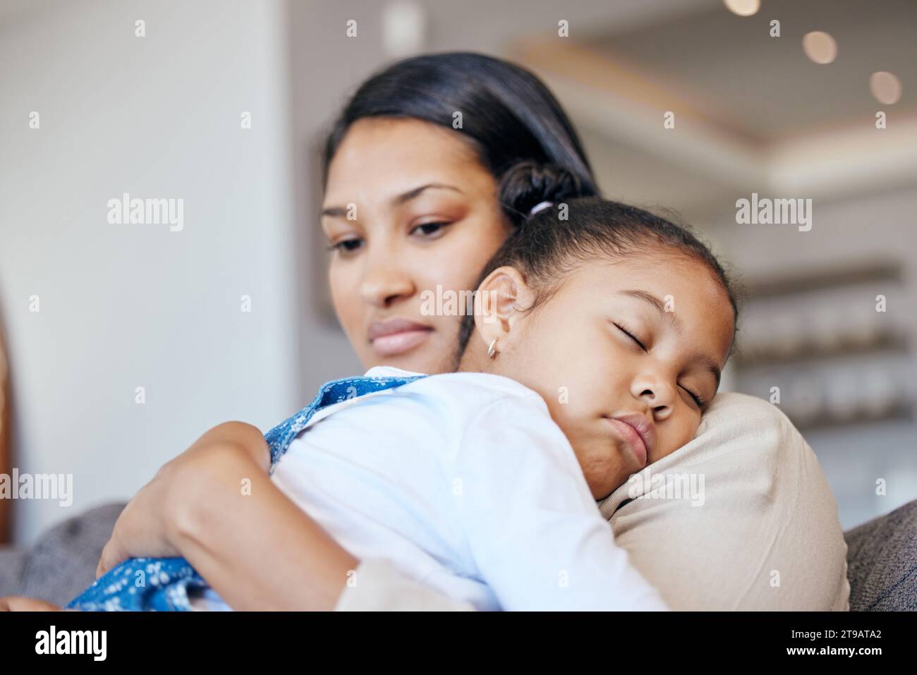 Mother, daughter or sleeping on couch with worry, fatigue or comfort in mental health in home ...