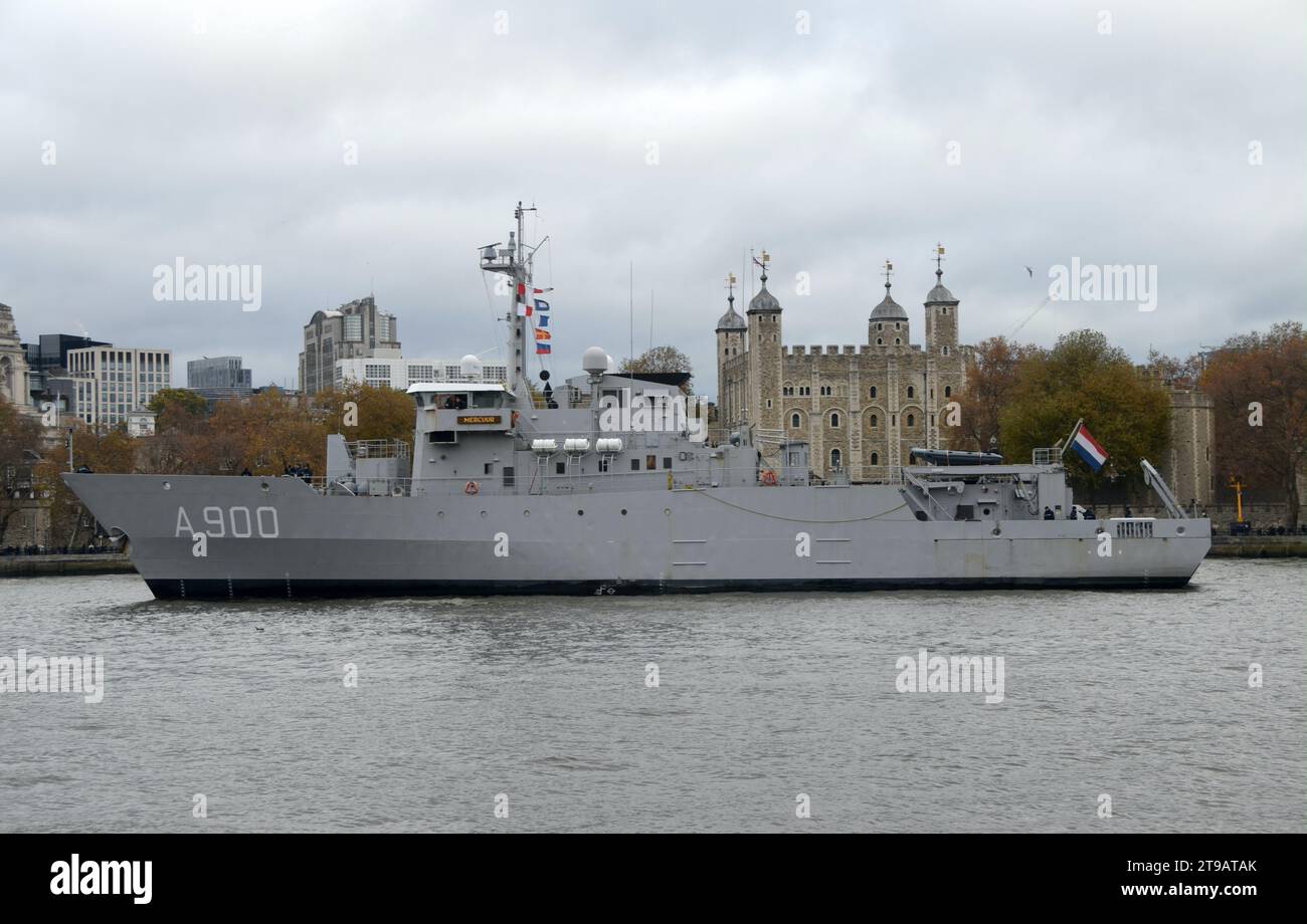 The Royal Netherlands Navy’s submarine support and torpedo recovery ship HNLMS Mercuur is ...