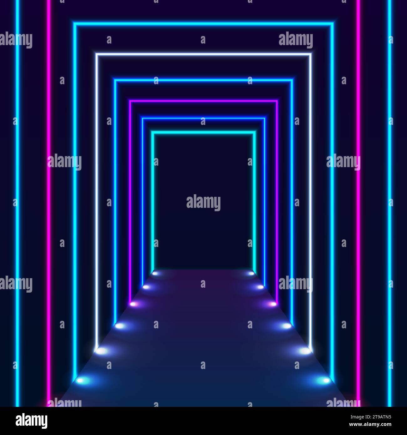 Abstract tunnel with blue purple neon laser lines technology background. Vector design Stock ...