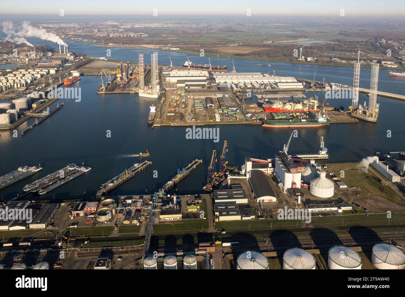 Aerial view Dutch industrial park Botlek near Rotterdam with harbors ...