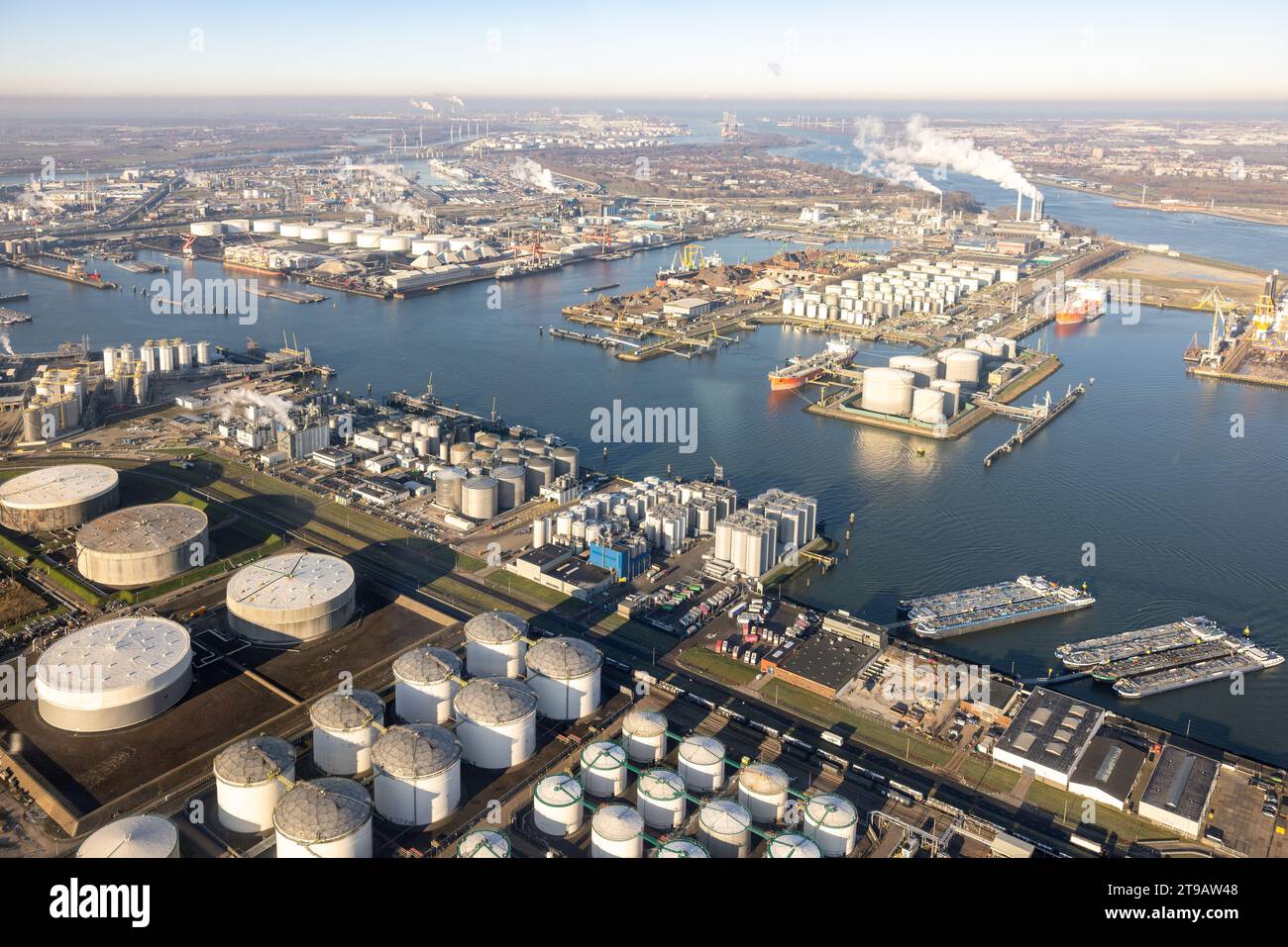 Aerial view Dutch industrial park Botlek near Rotterdam with harbors ...