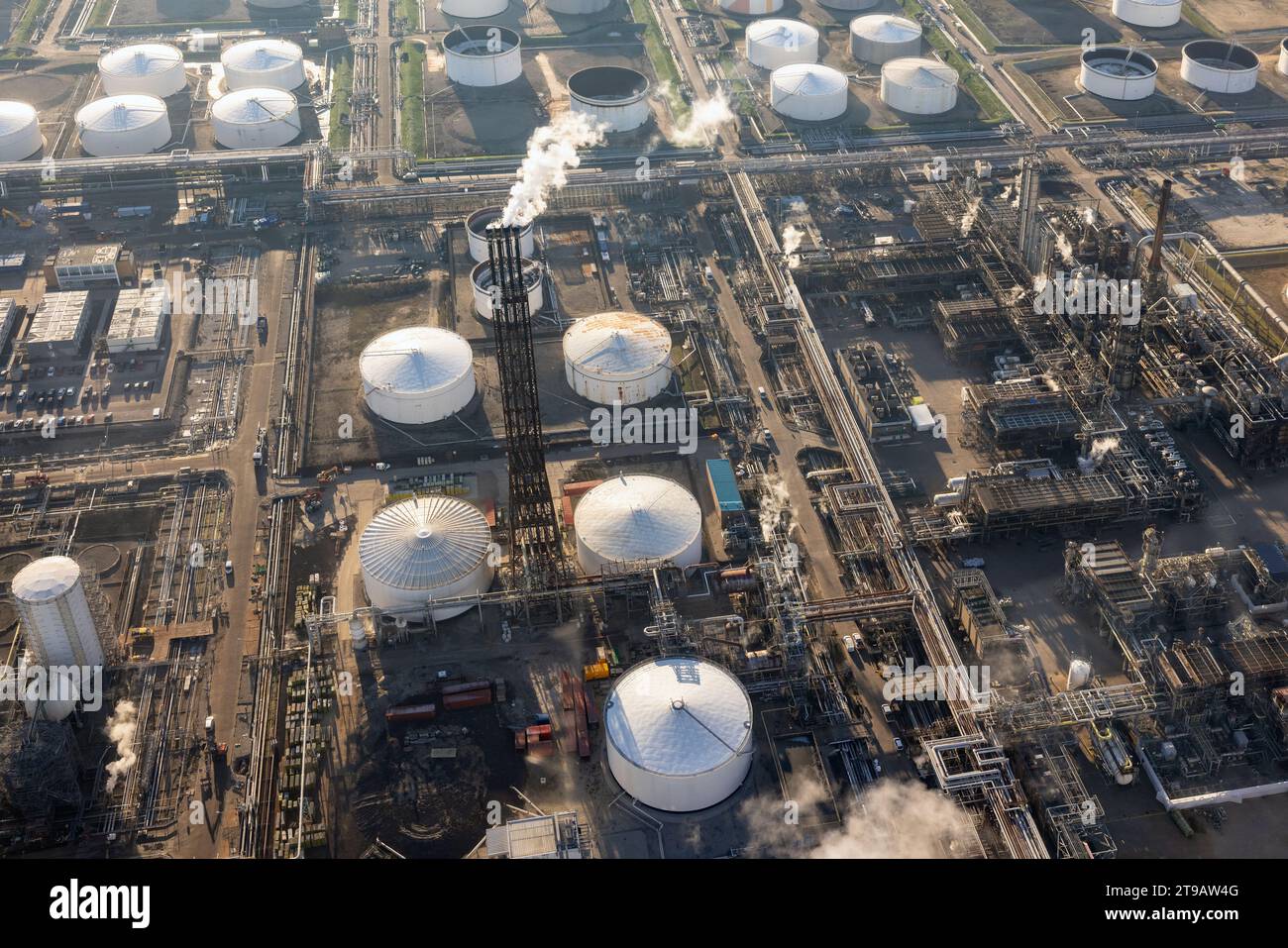 Aerial view industrial park harbor Rotterdam with oil tanks and ...
