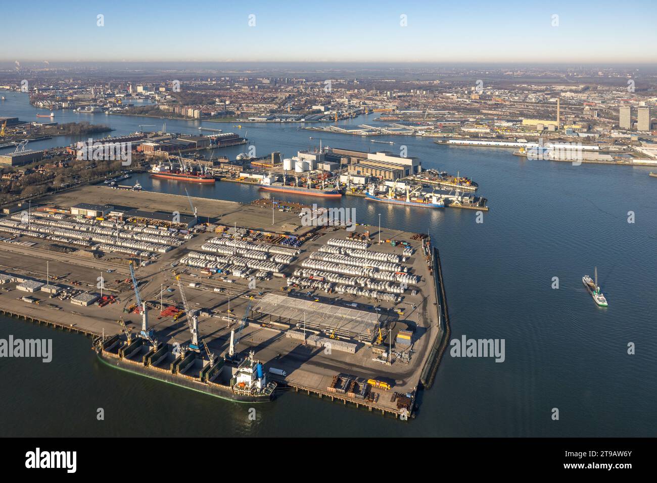 Aerial view Dutch industrial harbor Botlek near Rotterdam with harbors ...