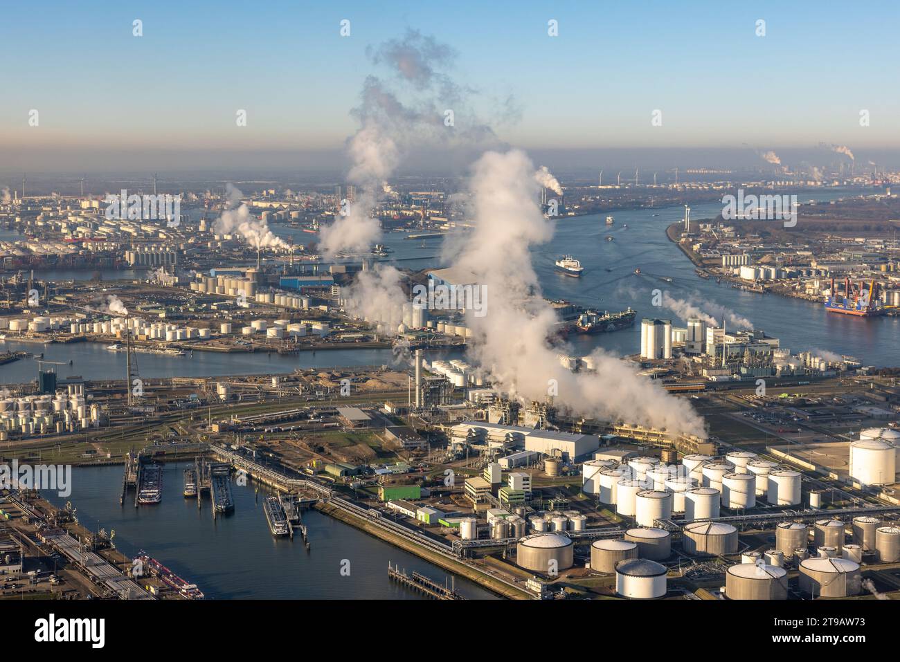 Aerial view Dutch industrial park Botlek near Rotterdam with harbors ...