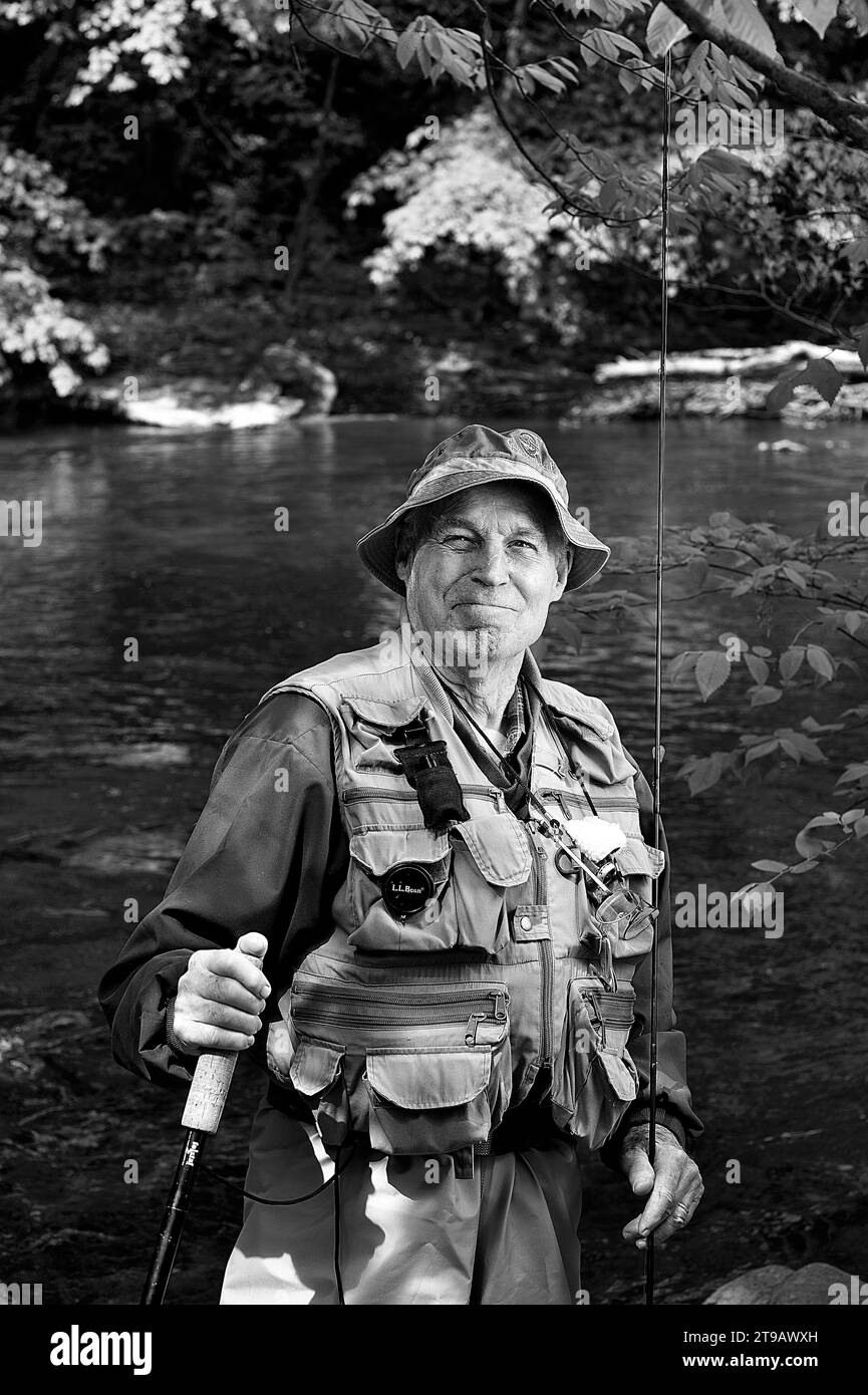 A portrait of 84-year-old Fly fisherman at Ken Lockwood Gorge in High ...
