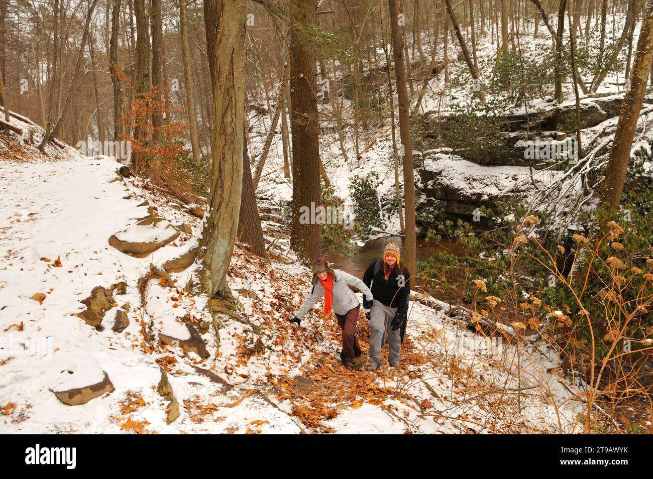 Winter hikers explore the Appalachian Trail near the Delaware Water Gap ...