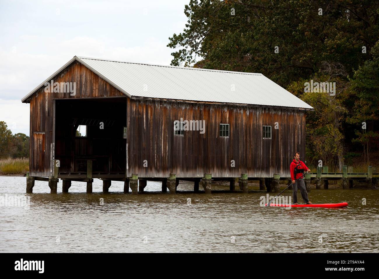 One man stand up paddleboarding (SUP) by an old barn-looking boathouse ...