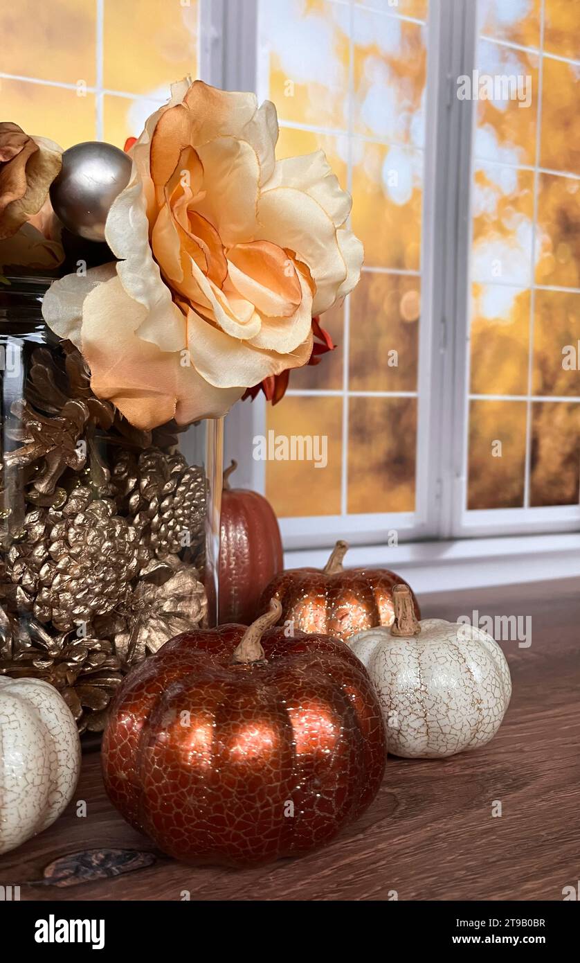 Fall window shot with fall decor Stock Photo - Alamy