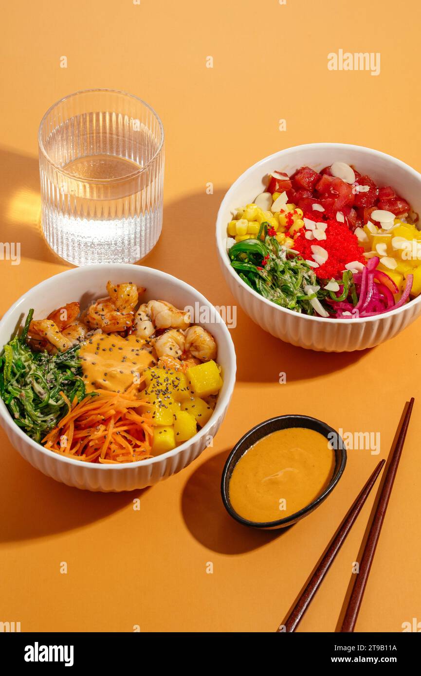 Hawaiian shrimp poke bowl with rice Stock Photo - Alamy