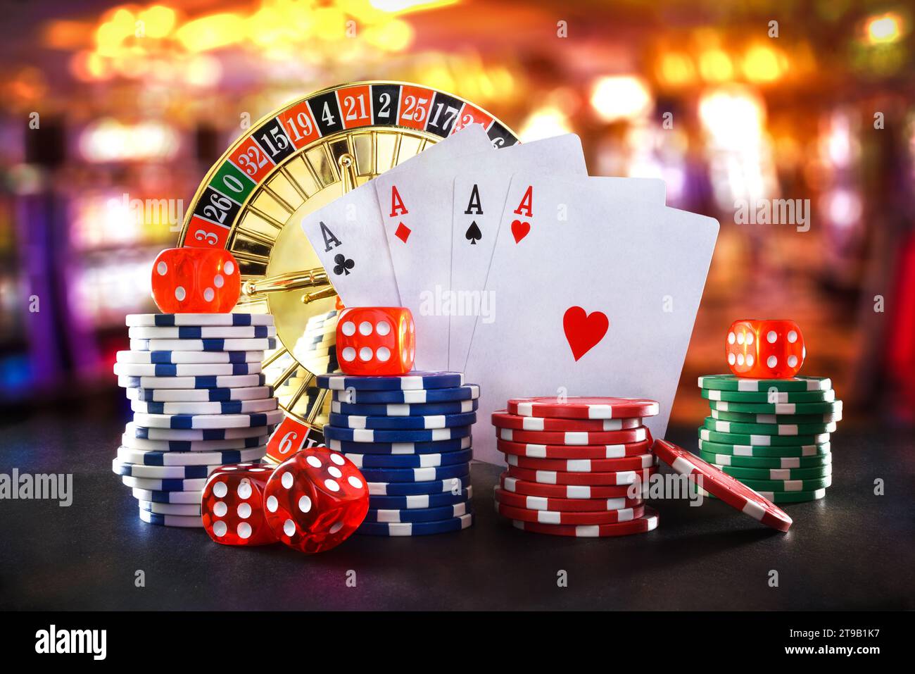 Casino games background with playing cards, betting chips and dice for ...