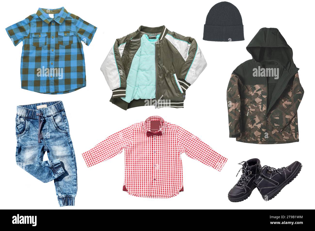 Collage set of little boys autumn clothes isolated on a white ...