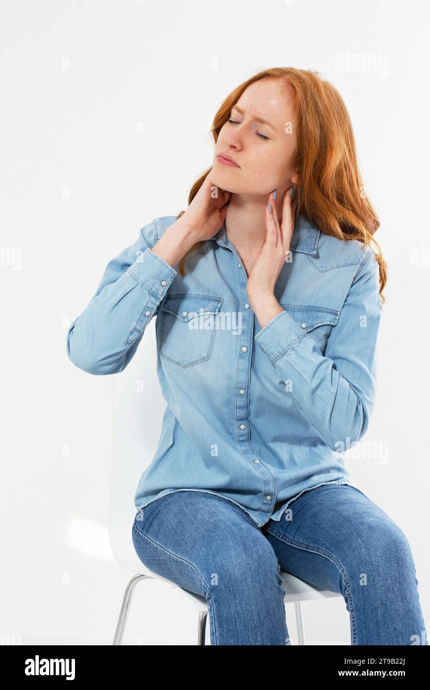 Neck pain treatment, fuffer woman with neck pain, sore throat, woman ...