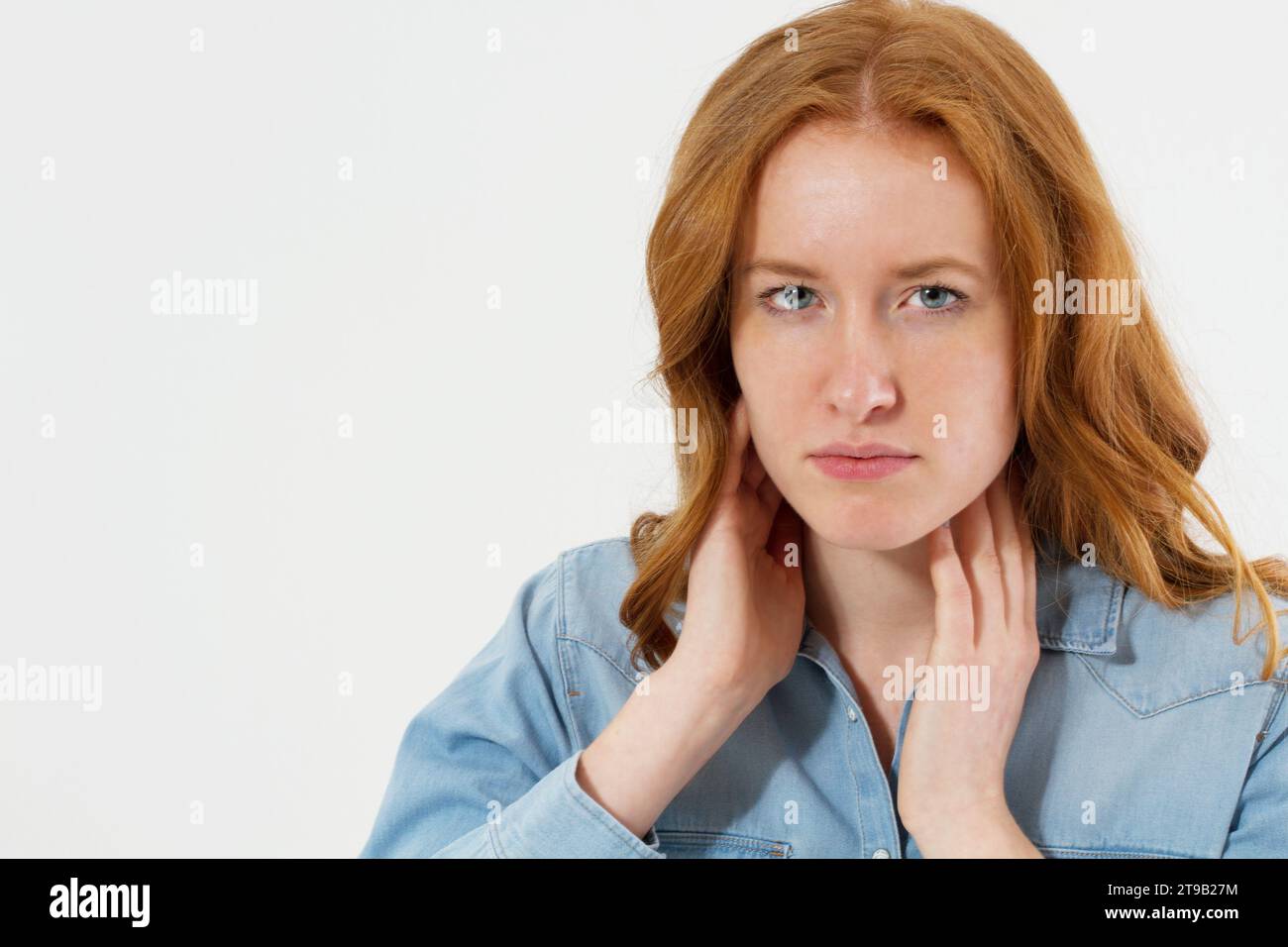 Female woman girl with neck pain portrait close up isolated copy space ...