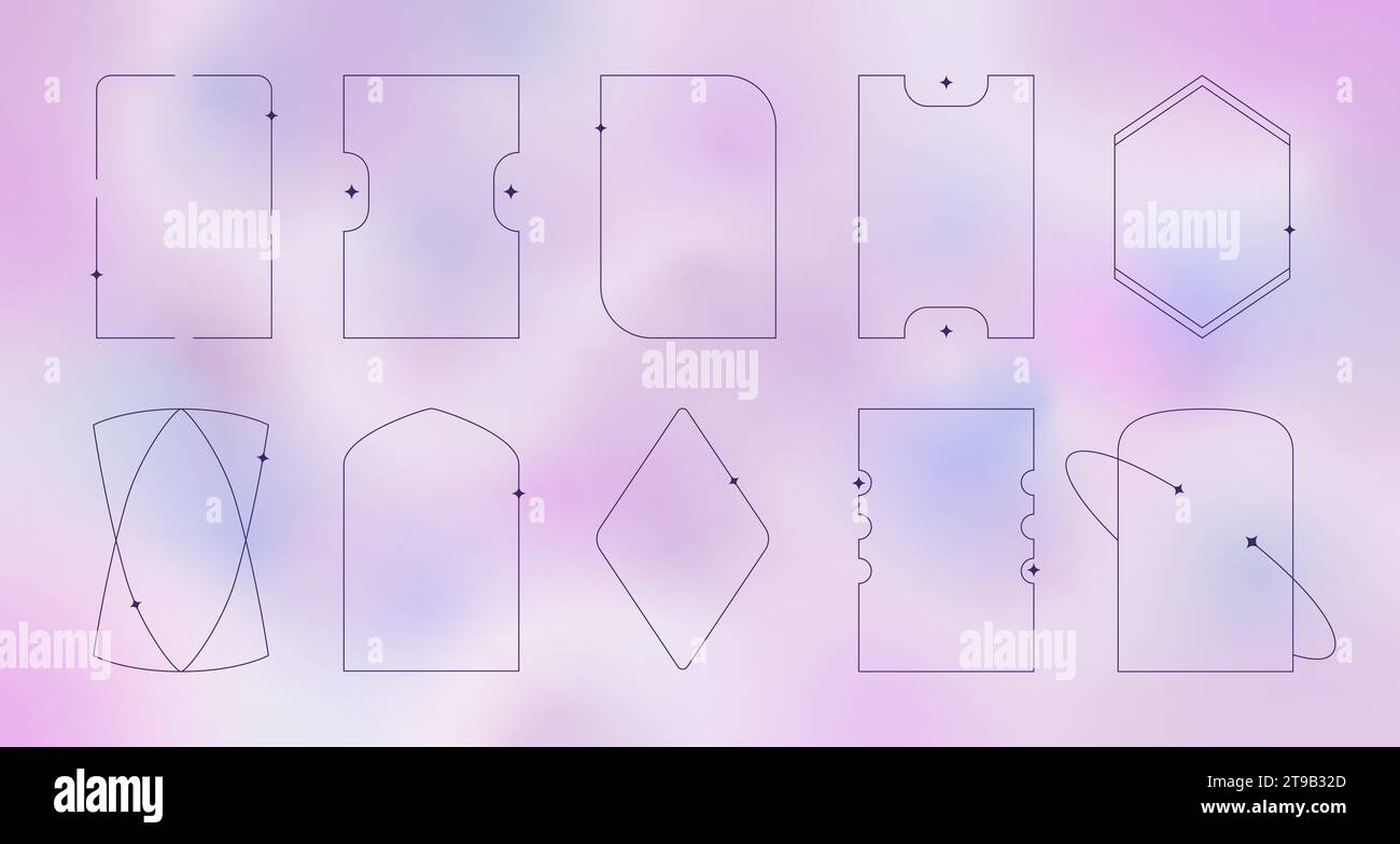 Y2k geometric frame shape on holographic background. Modern minimalist aesthetic line arches set ...