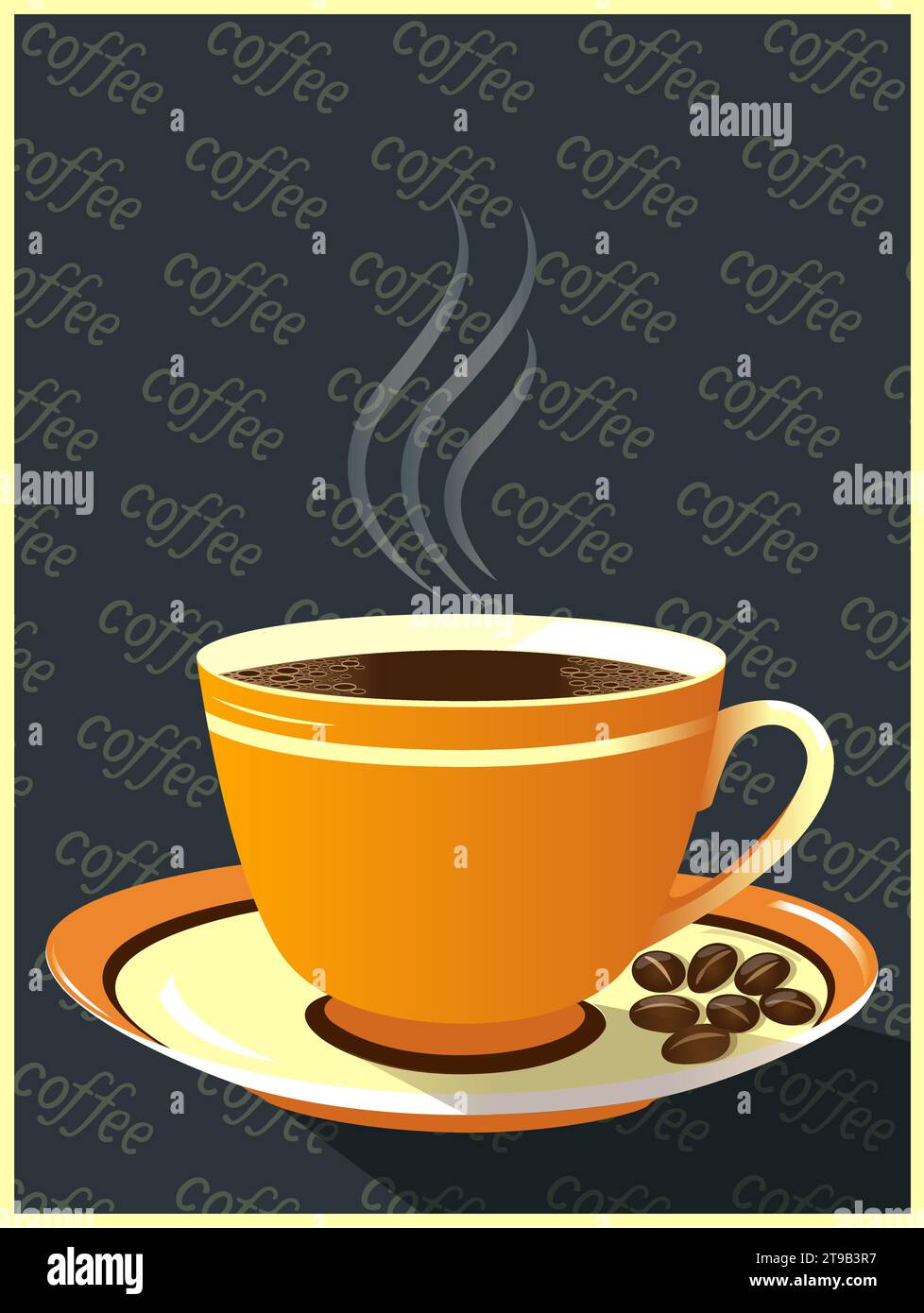 Orange coffee cup with steam and beans design poster vector image Stock ...