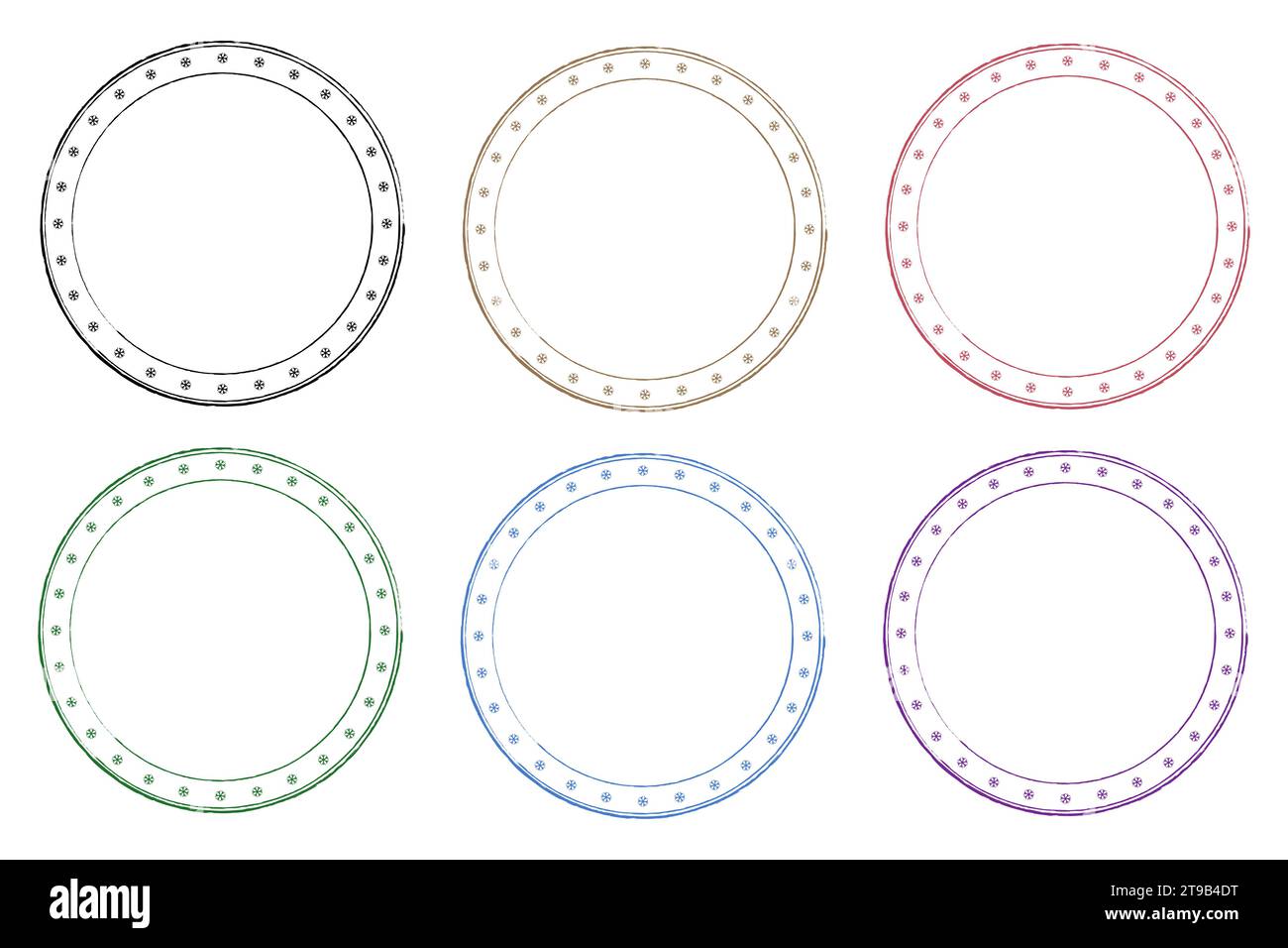 Isolated set of colored stamps with snowflakes around a circle. For ...