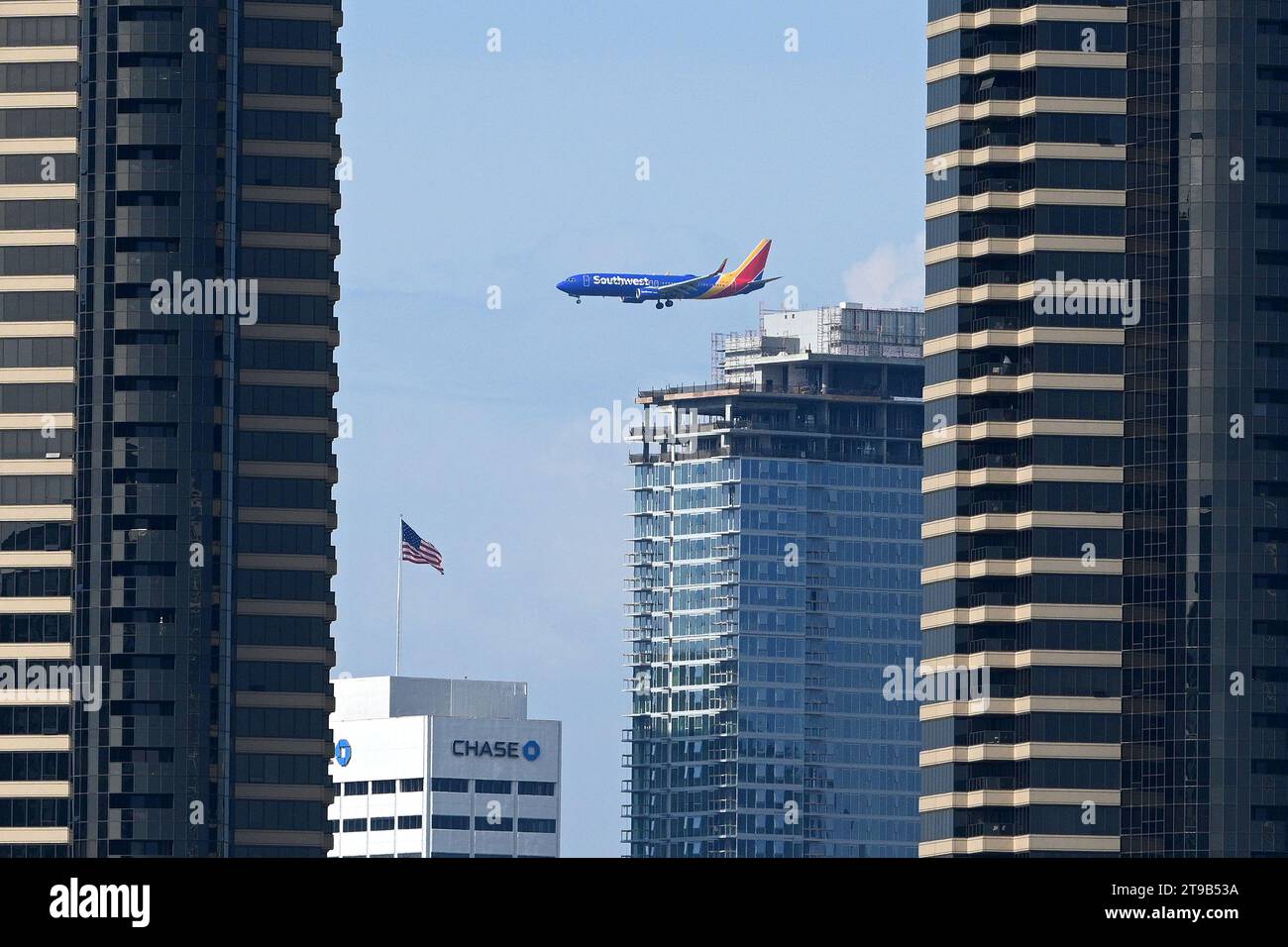 San Diego, CA, USA - July 31, 2023: The Southwest Airlines plane flies ...