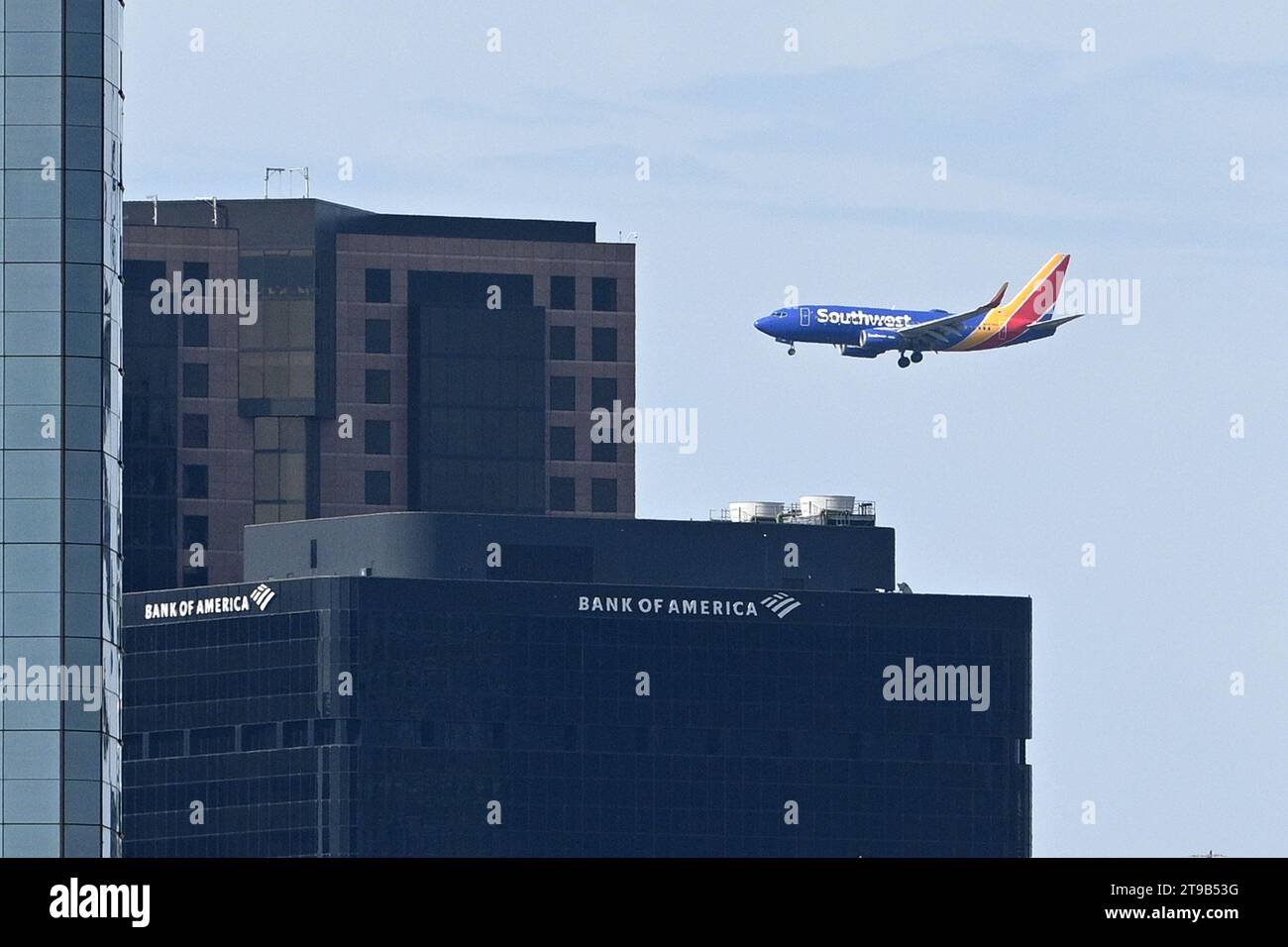 San Diego, CA, USA - July 31, 2023: The Southwest Airlines plane flies ...