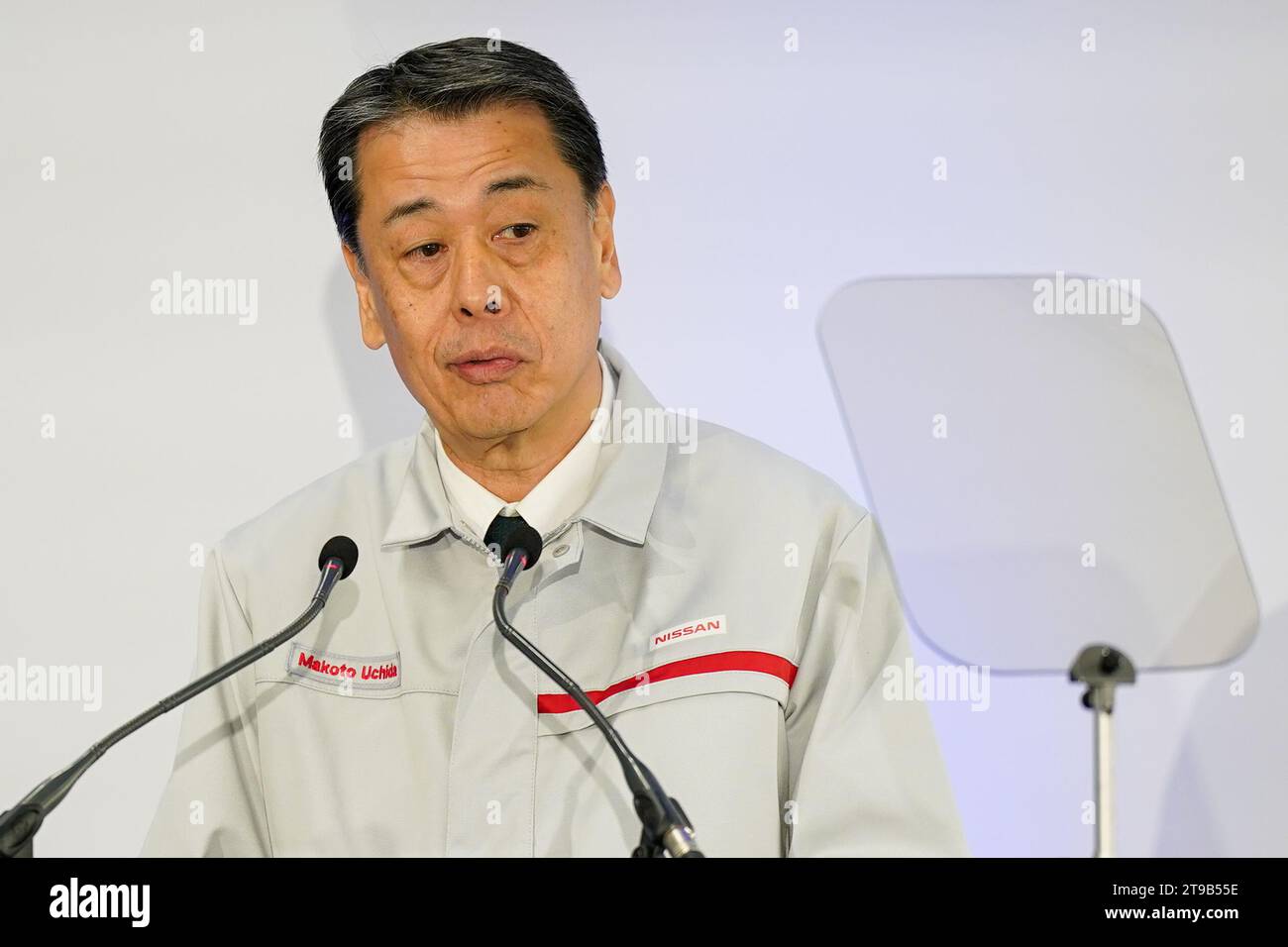 Nissan President and CEO Makoto Uchida speaking at the Nissan car plant ...