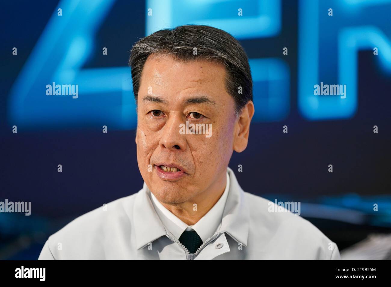 Nissan President and CEO Makoto Uchida speaking at the Nissan car plant ...