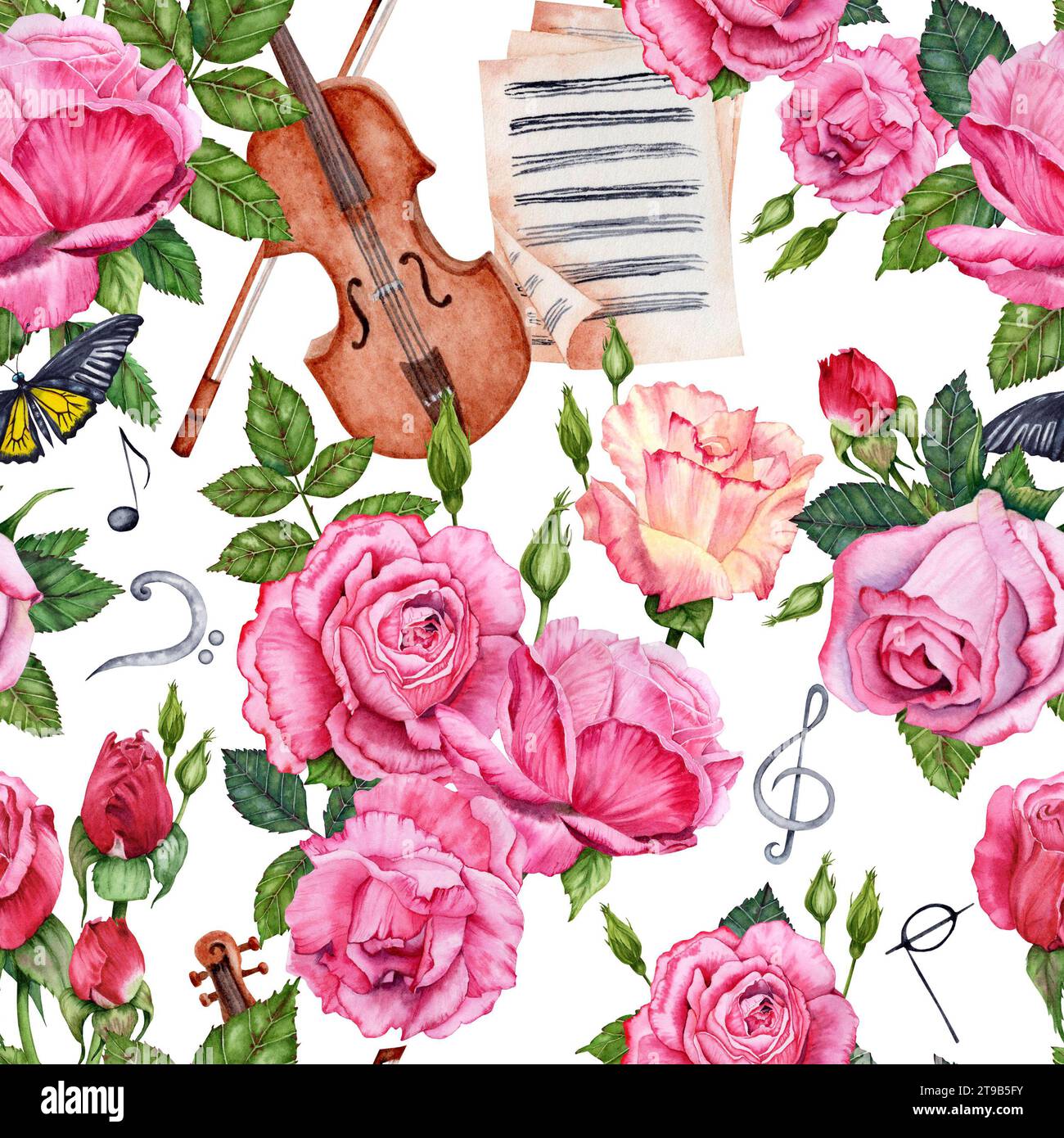 Seamless pattern with pink and red roses, violin with a bow, sheet ...
