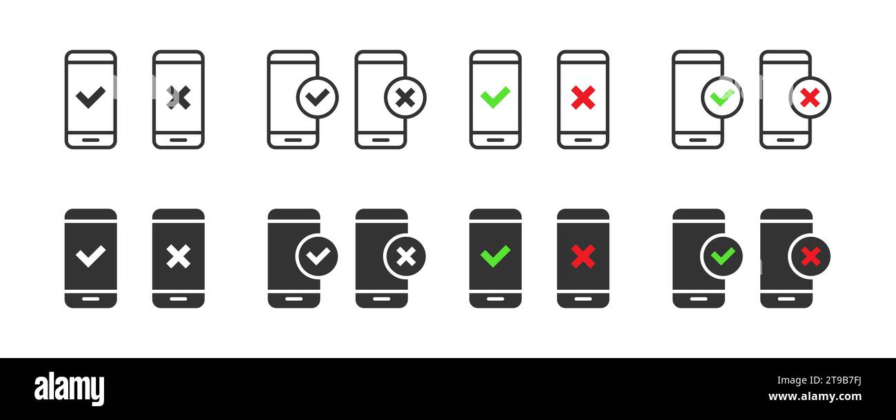 Smartphone icon set with check mark and cross symbols. Vector ...