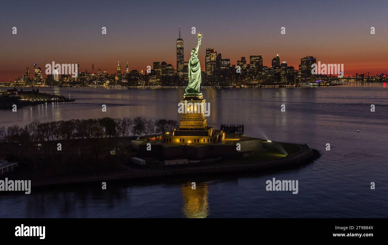 An aerial view of the iconic Statue of Liberty in New York City, seen ...