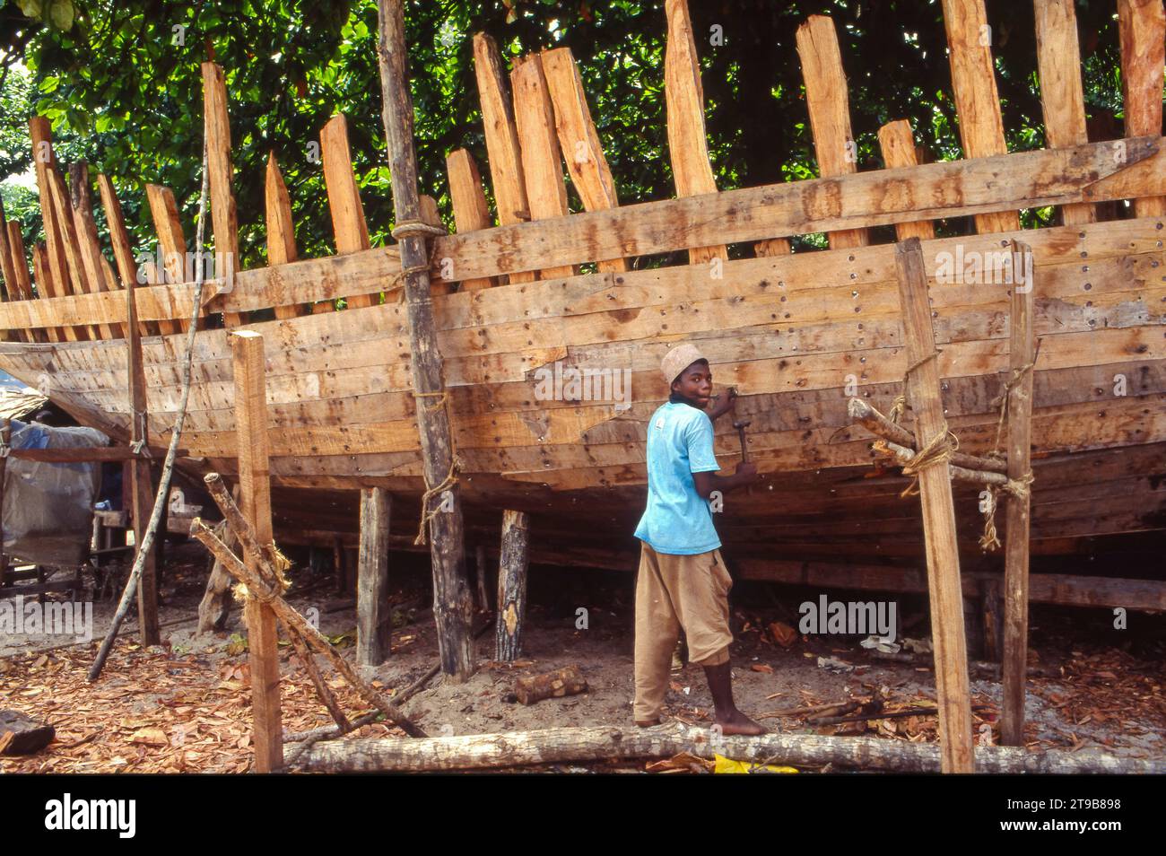 Tanzania, Mwanza - Wooden fishing boat being made at the boat yard on ...