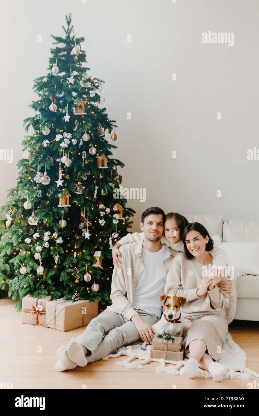 Happy family with a child and a dog sitting in front of a decorated ...