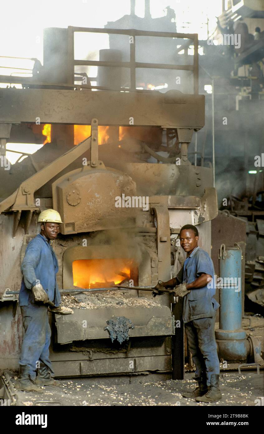 Tanzania,Dar es Salaam - Recycled metal iis melted n a steel factory ...
