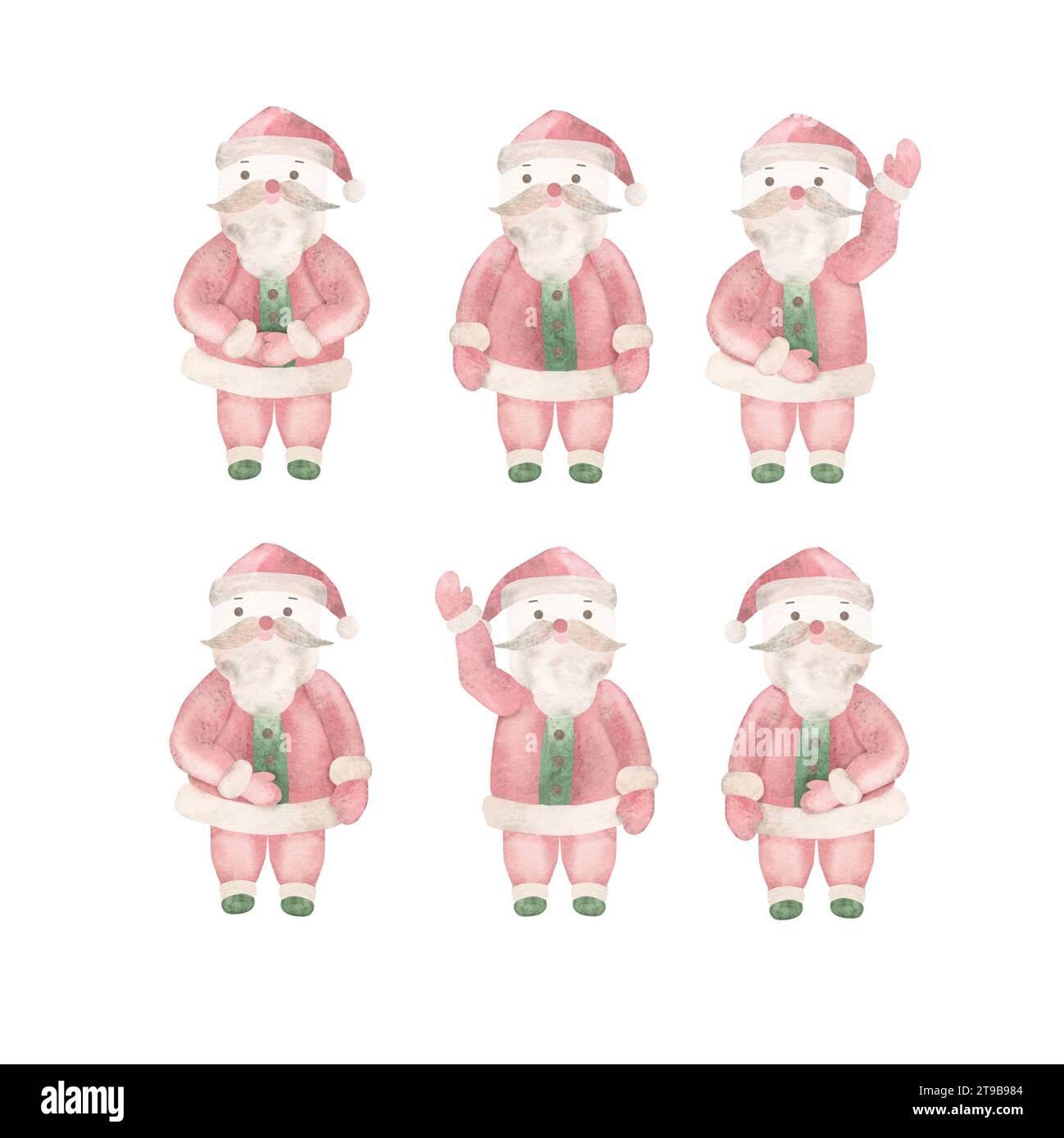 A set of cute Santa Claus with different hand positions. Watercolor ...