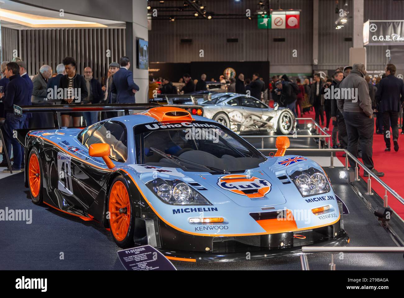 Paris, France - Rétromobile 2020. Focus on a blue and orange 1997 McLaren F1 GTR Longtail ...