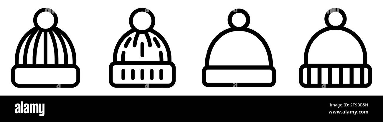 Winter Hat icon. Set of black linear winter beanie hat icons on a white ...