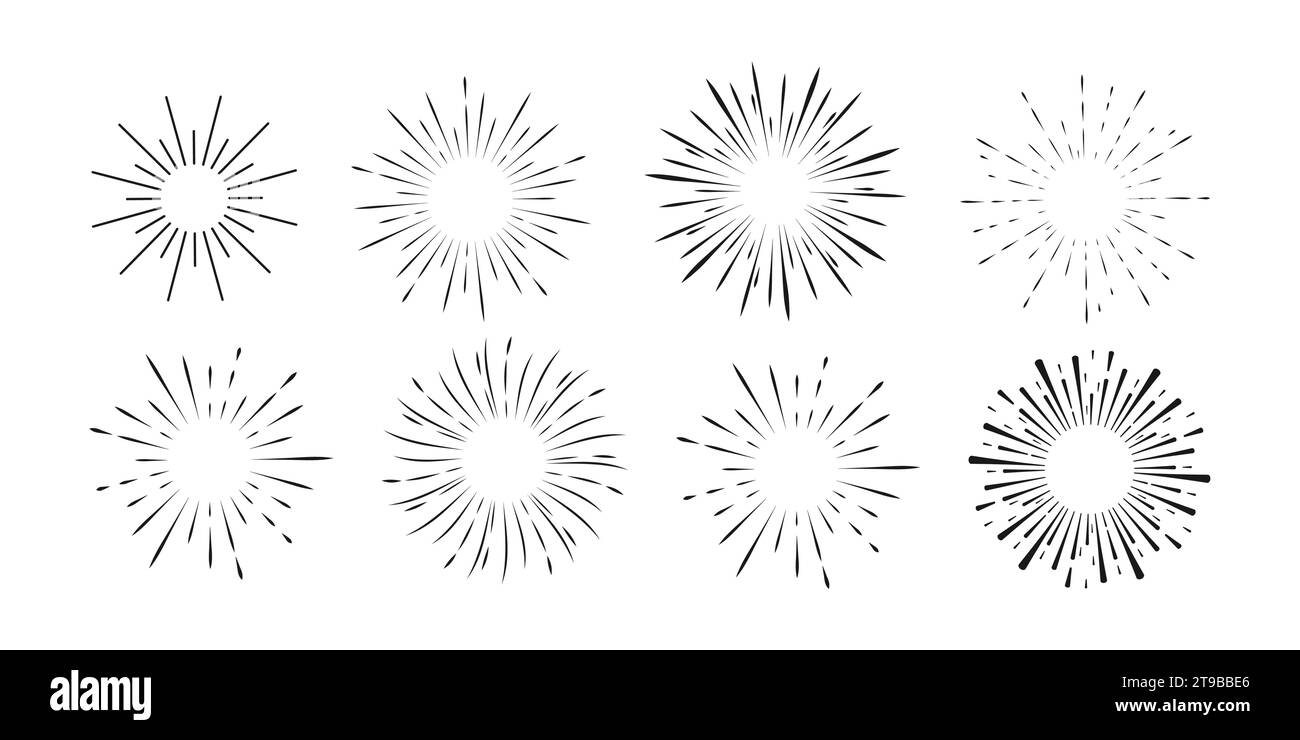 Set Fireworks, rays, sunburst frames circle border decoration, sparkle in doodle style, line ...