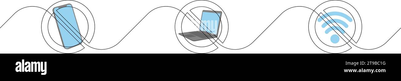 Crossed out smartphone, laptop and wi-fi by continuous line. Ban of ...