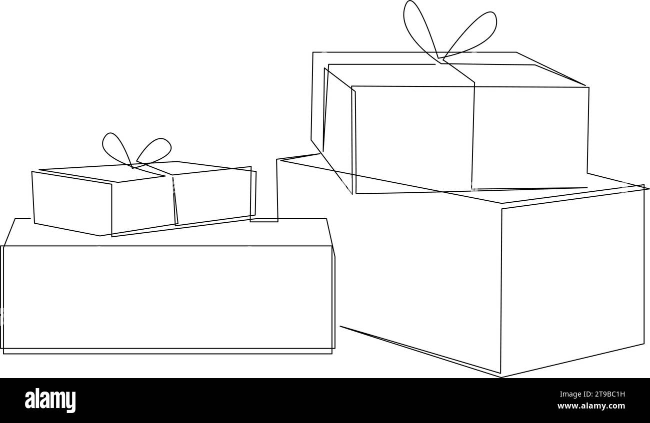 Presents continuous line drawing. Gift boxes tied with ribbon one line ...