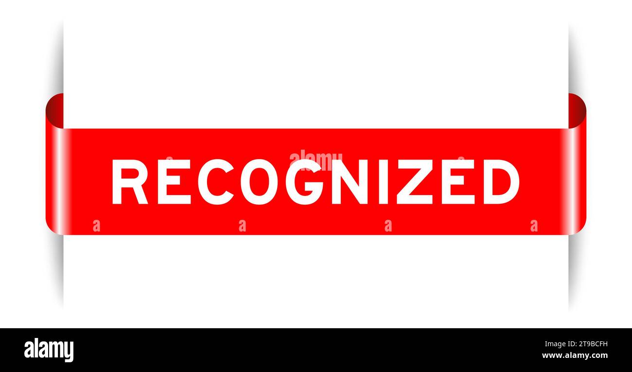 Red color inserted label banner with word recognized on white ...