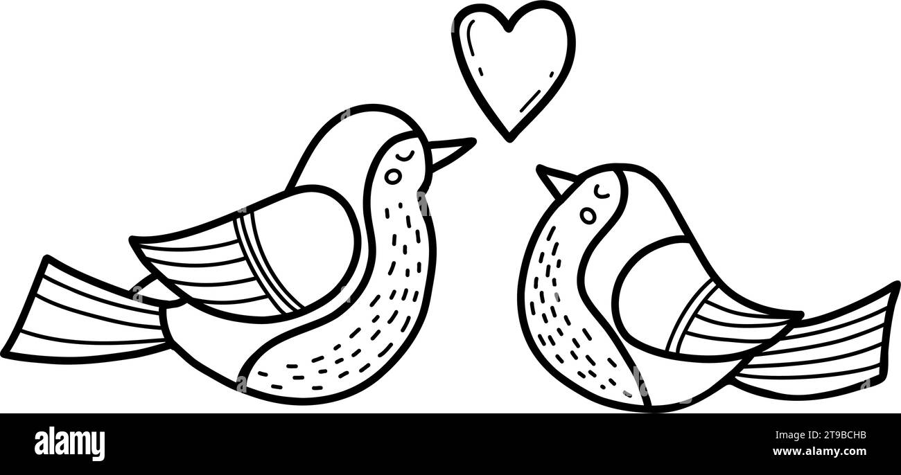 Pair of love birds with heart. Linear hand drawing. Vector illustration ...