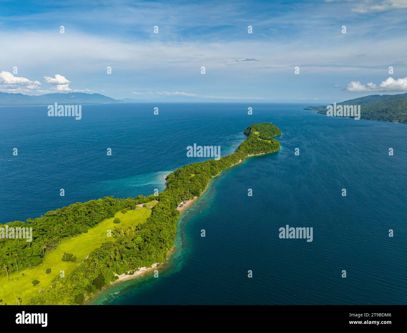 Tropical island with green forest and rocky coastline. Ligid Island in ...