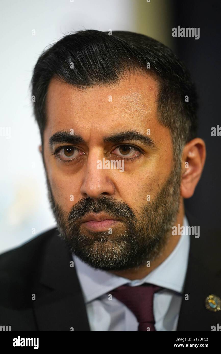 Scotland's First Minister Humza Yousaf speaking at a press conference ...