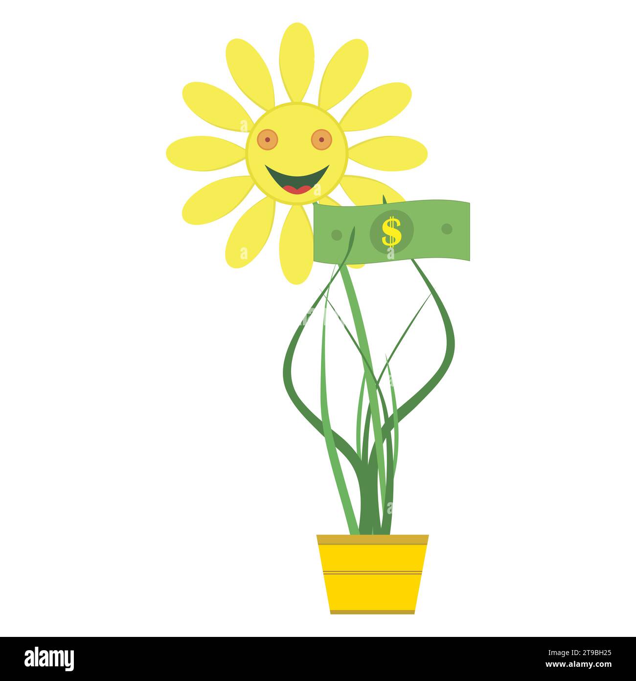 Cartoon flower with money. Yellow happy flower holds paper dollar ...